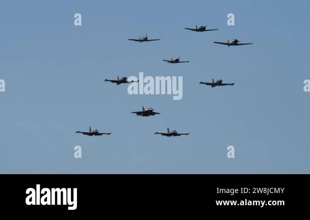 Skills training and teamwork concept. Perfect huge formation of planes ...