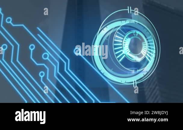 Animation of scope scanning, clock moving fast and computer motherboard. global data processing ...