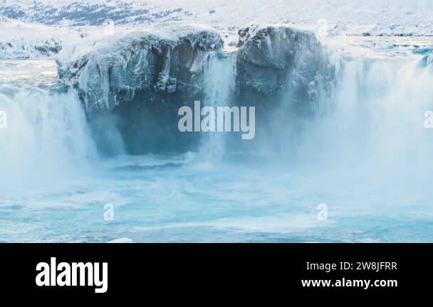 Godafoss, famous waterfall in Iceland, Frozen waterfall in winter, a ...