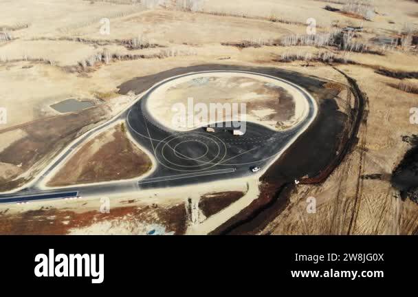 Aerial view of completion of road construction of testing ground for ...