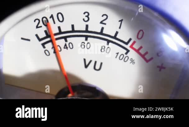detailed extreme close-up, moving arrow of analog VU meter scale Stock ...