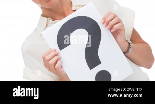 Confused caucasian businesswoman holding question mark sign. national ...
