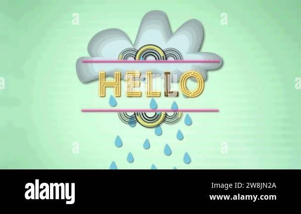 Animation of hello text over cloud with rain on green background ...