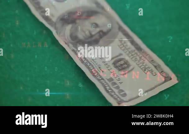 Animation of warning text and moving data processing over banknotes ...