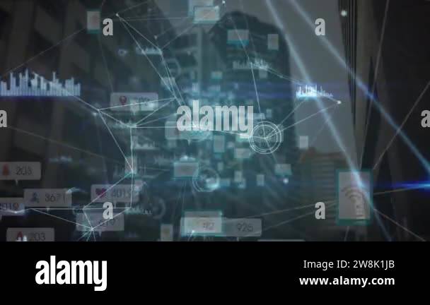 Animation of social media data processing and network of connections. global networks ...