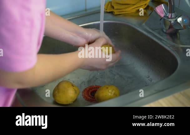 Woman washes dirty fresh ripe potatoes in silver sink for cooking. She ...