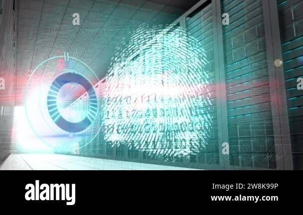 Animation of processing circle and fingerprints over server room ...