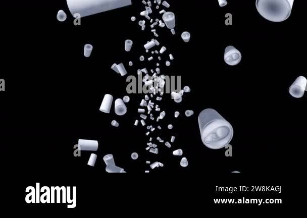 Many cans floating in air on black background. No label beverage cans ...