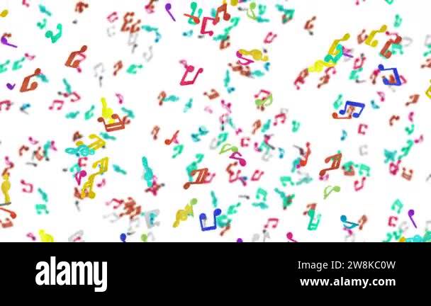Many colorful musical notes floating in air on white background. Music ...