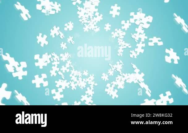 Many white puzzle pieces floating in air on blue background. Business ...