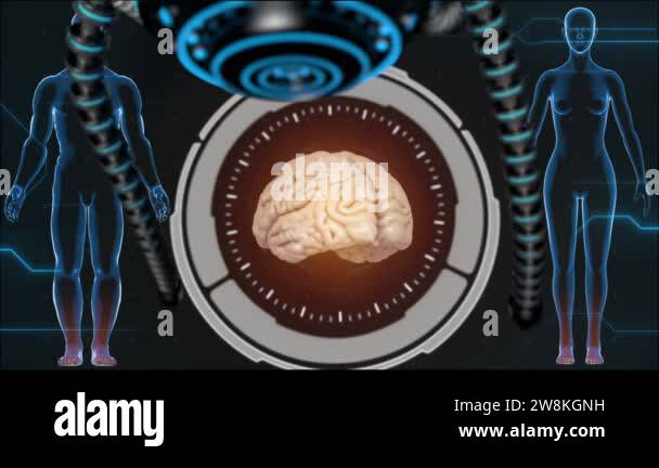 Futuristic robot with tentacles and human brain . Medical concept ...