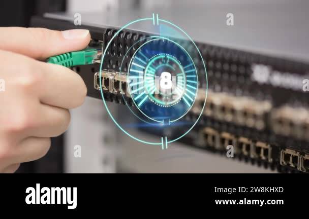 Animation of scope scanning over hands of caucasian woman in server room. global connections ...