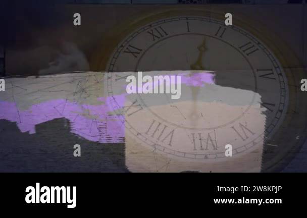 Animation of networks of connections and world map over moving clock and people walking on ...