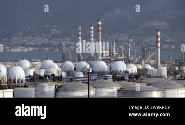 Oil refinery plant from industry zone, Aerial front view oil and gas ...