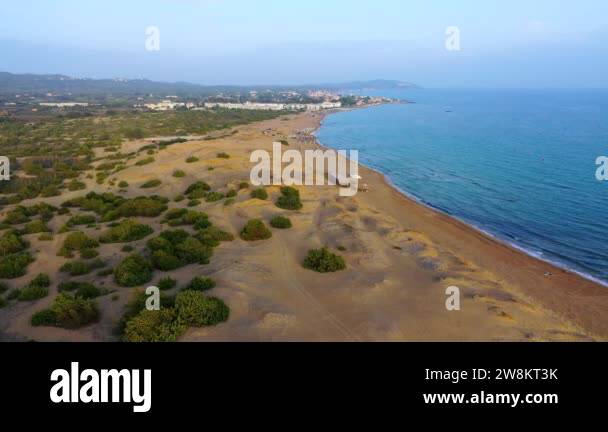 Issos beach on Corfu, near Agios Georgios, Greece. Aerial drone view of ...