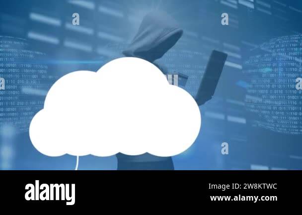Animation of clouds with icons over hacker using laptop and data processing. global business ...