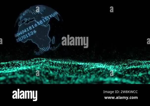 Animation of rotating globe with increasing numbers on black background with glitter. global ...