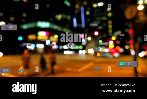 Animation of social media icons and numbers over out of focus city and car lights. global social ...