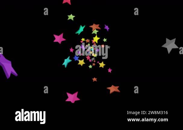 Many colorful stars floating in air on black background. Star icons ...