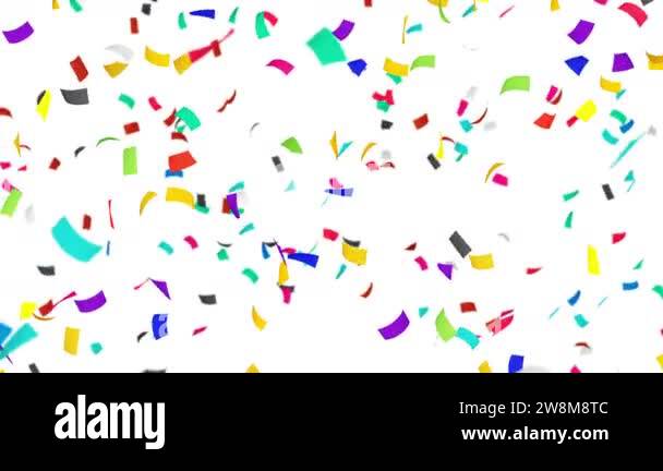 Many colorful confetti floating in air on white background. Party ...