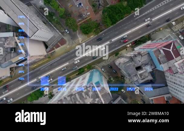 Aerial cityscape of smart city with futuristic bar chart effect. Data analysis big data and ...