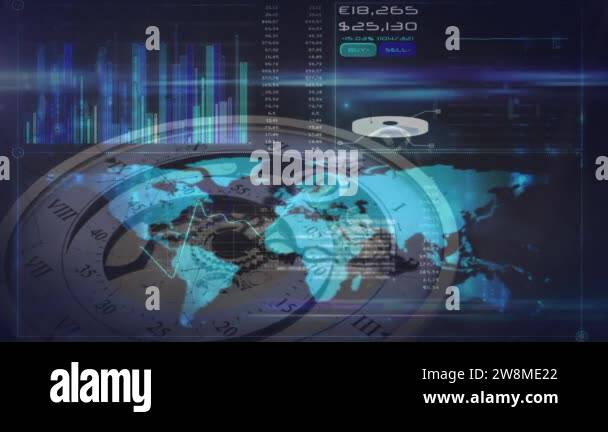 Animation of data processing and world map over moving clock. global communication, data ...