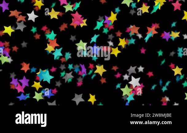 Many colorful stars floating in air on black background. Star icons ...