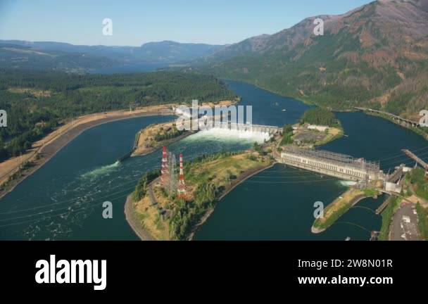 Oregon circa-2021: Aerial view of Bonneville Dam on the Columbia River Gorge. Shot with Cineflex ...
