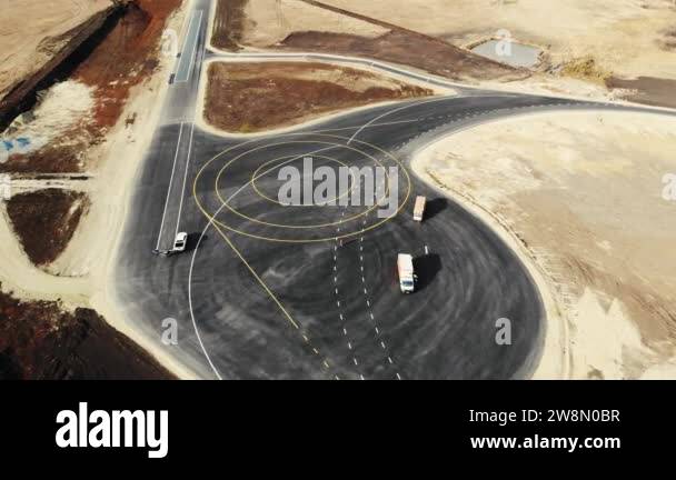 Aerial view of completion of road construction of testing ground for ...