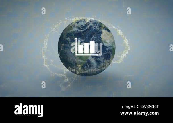 Animation of statistics processing and human brain spinning over globe. global data processing ...