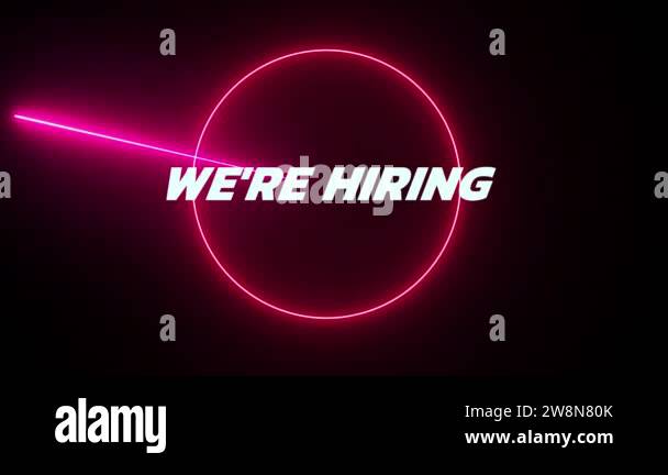 Animation of we're hiring text in white over rotating colourful neon ...