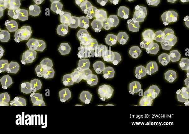 Many light bulb floating in air on black background. Creativity concept ...