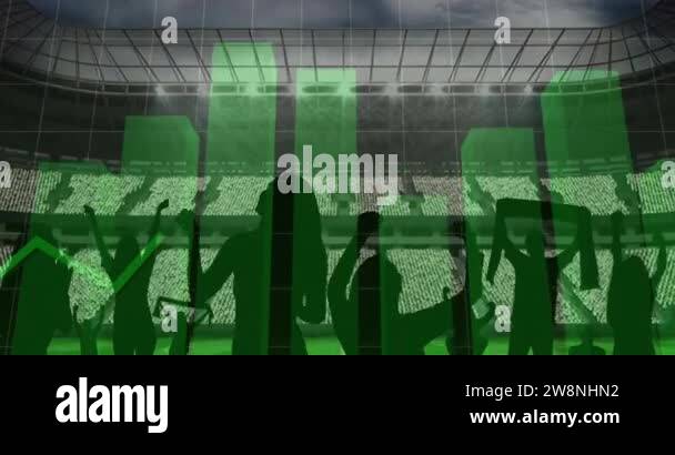 Animation of green graphs and data processing over cheering fans at ...