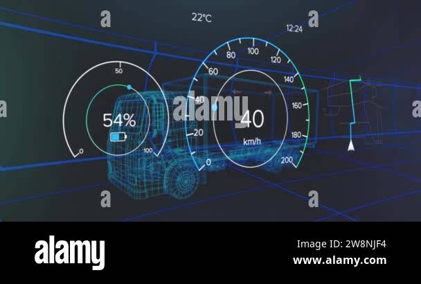 Animation of speedometer, gps and charge status data on vehicle ...