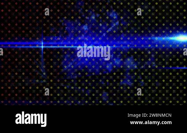 Animation of lights and rotating crosses over black background. global computers, technology ...