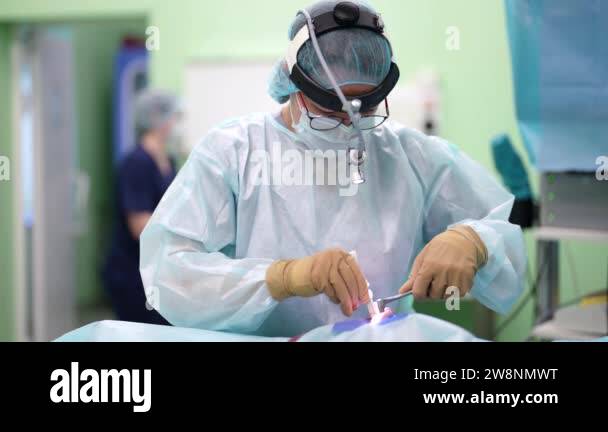 endonasal operation in modern otolaryngology clinic, female surgeon is ...