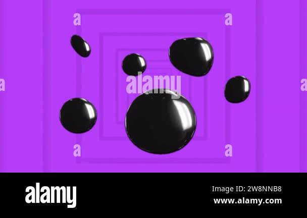 Animation of shiny black 3d shapes floating over moving purple concentric squares. data ...