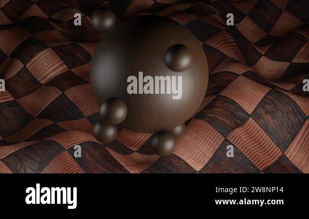 Curved chess board with levitating large brown smooth sphere surrounded ...