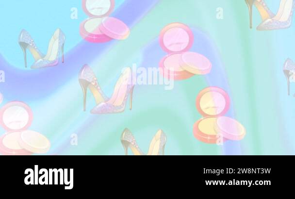 Animation of falling shoes and over blue stripes background. shopping ...