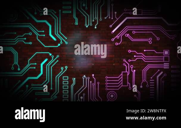 Animation of glowing pink and blue neon motherboard circuit, on brick ...