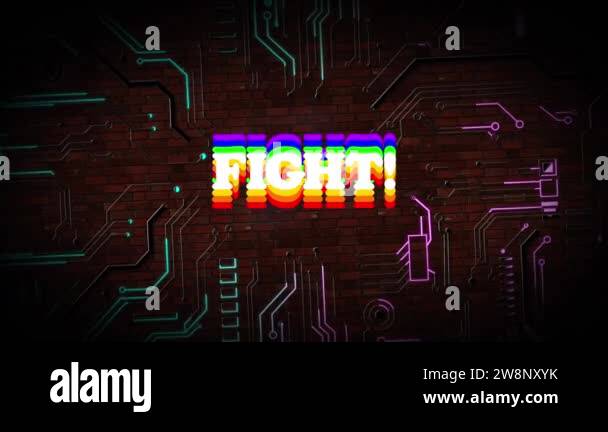 Animation of fight text over computer circuit board on brick background ...