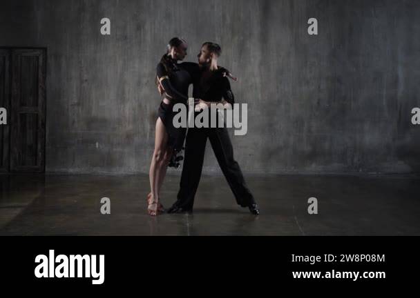Dance ballroom couple in black dress in sensual pose on studio background. Professional dancers ...