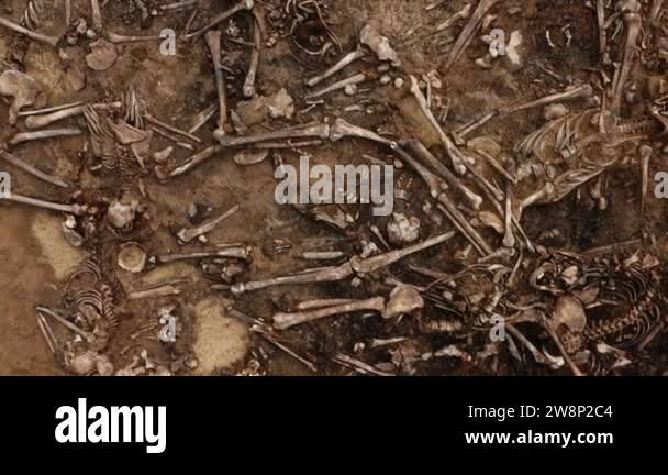 Skulls and bones of people in the ground. Human remains bones of ...