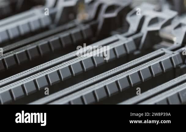 PCI-E and CPU socket on computer main board, closeup background sliding ...