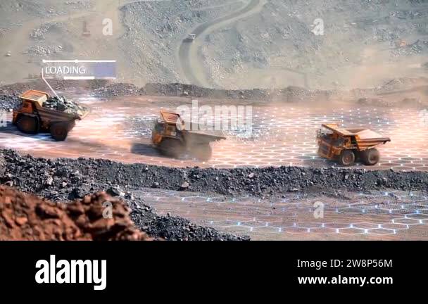 Three mining dump trucks in an iron ore open pit with infographics ...