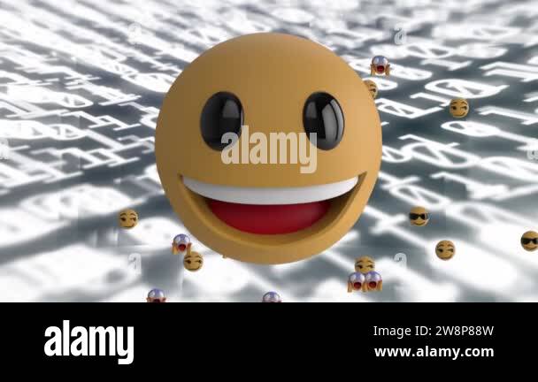Animation of happy emoji over floating emojis with binary code in ...