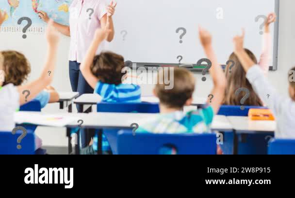 Animation of question marks over female elementary school teacher and ...