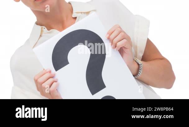 Confused caucasian businesswoman holding question mark sign. national ...