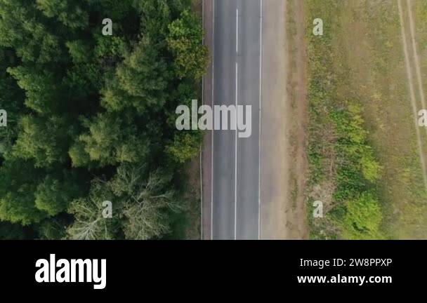 Top view of dividing line of forests and fields. Scene. Cars are ...