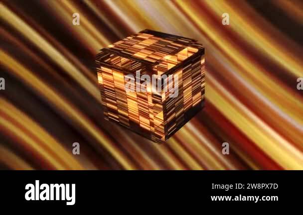 Abstract golden cube falling apart on glowing sun rays background ...
